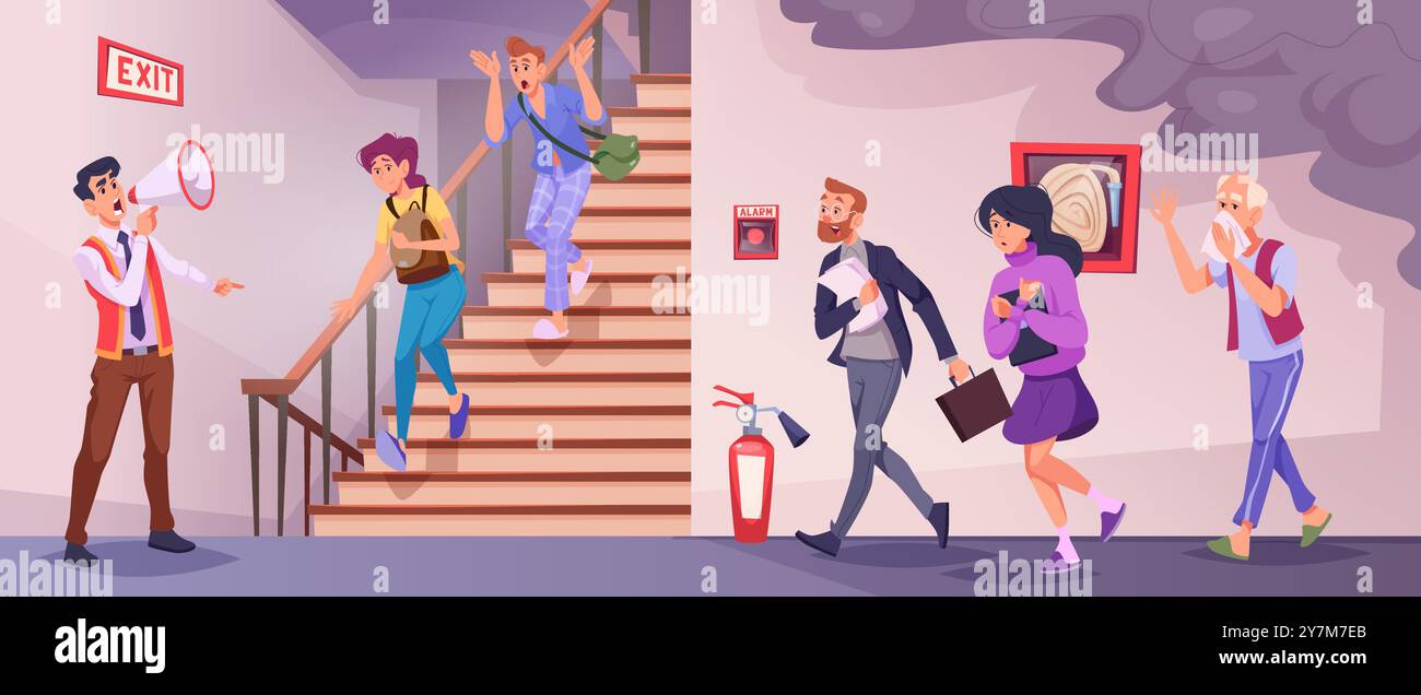 Escape fire. Evacuation people alert announce exact vector background ...