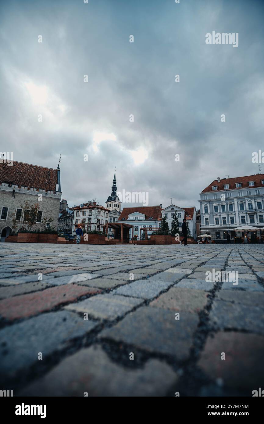 Old town cobbled square on cloudy autumn day in Tallinn, Estonia Stock ...