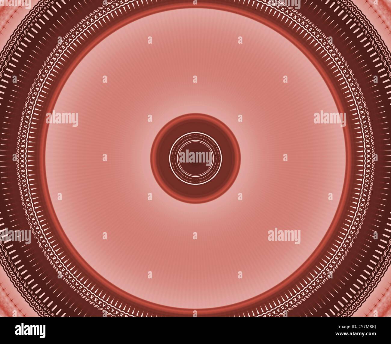 A detailed abstract red circular pattern featuring concentric rings and ...