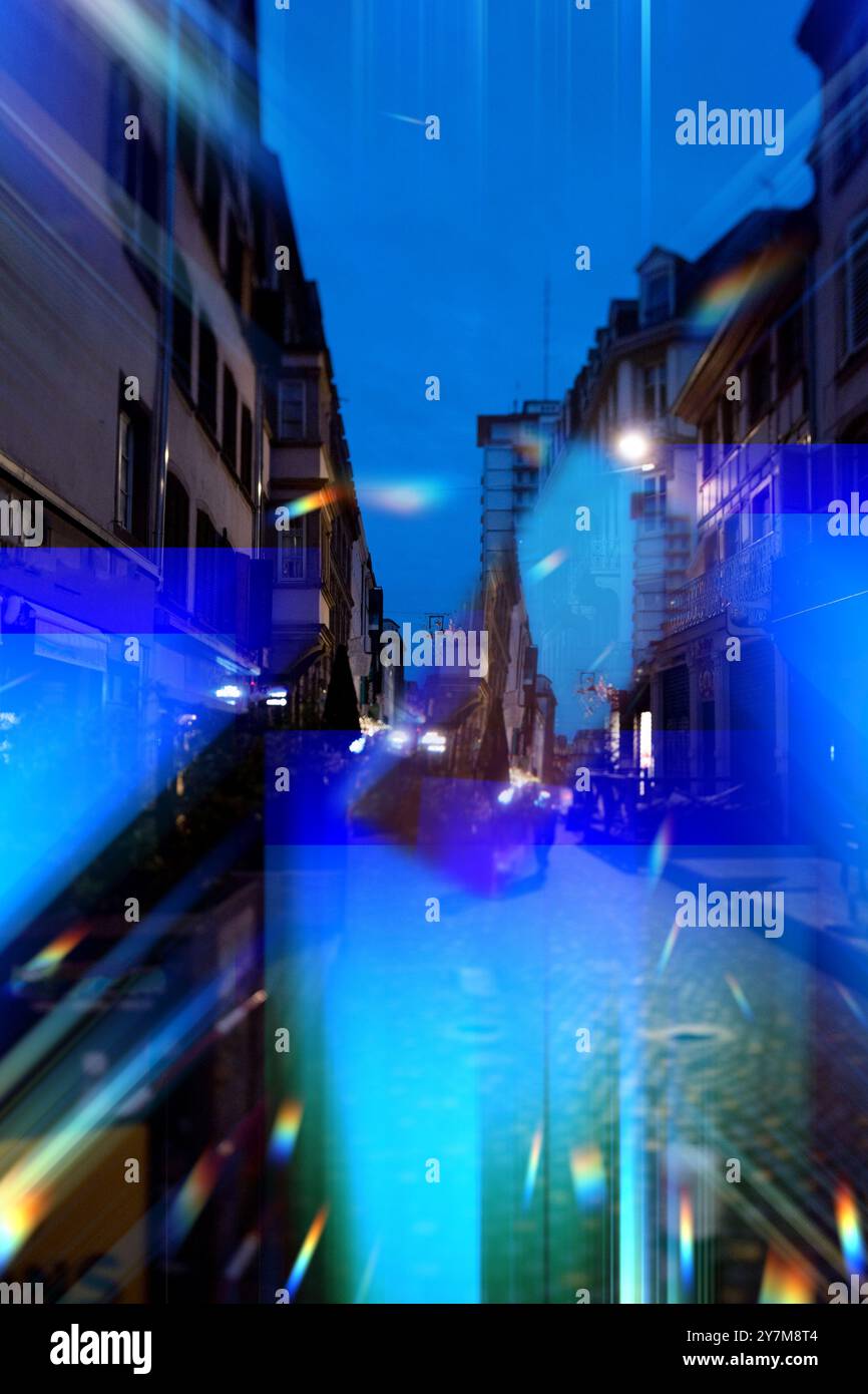 Abstract cityscape blending architectural elements with blue light ...