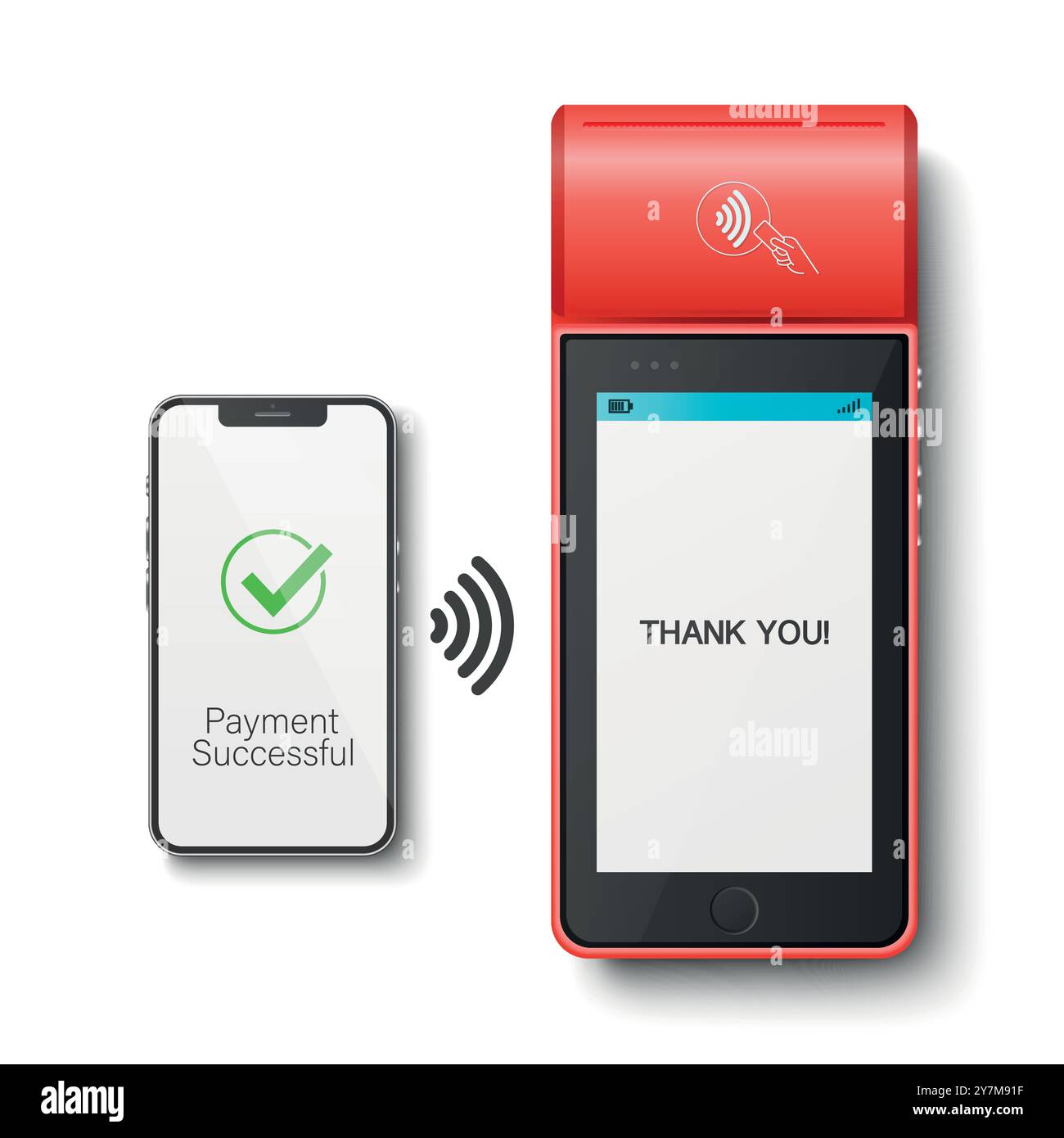 Vector 3D Realistic Red NFC Payment Terminal and Smartphone Closeup. Successful Payment ...