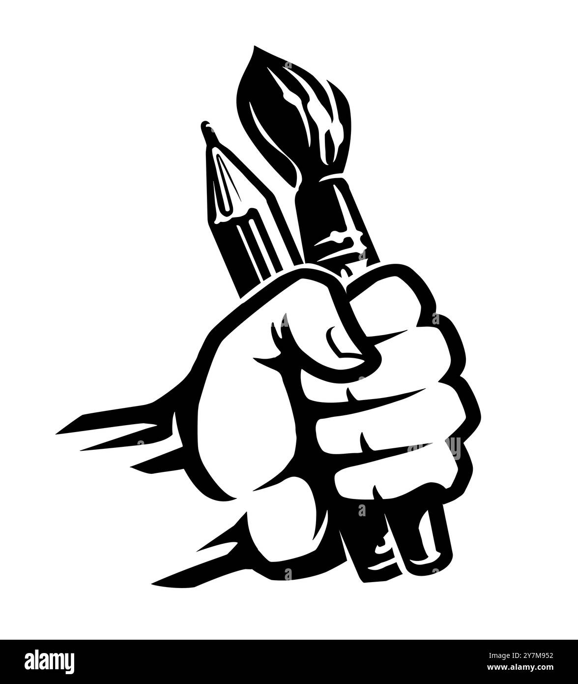 Painting brush and pencil in hand. Art symbol or sign. Black and white ...