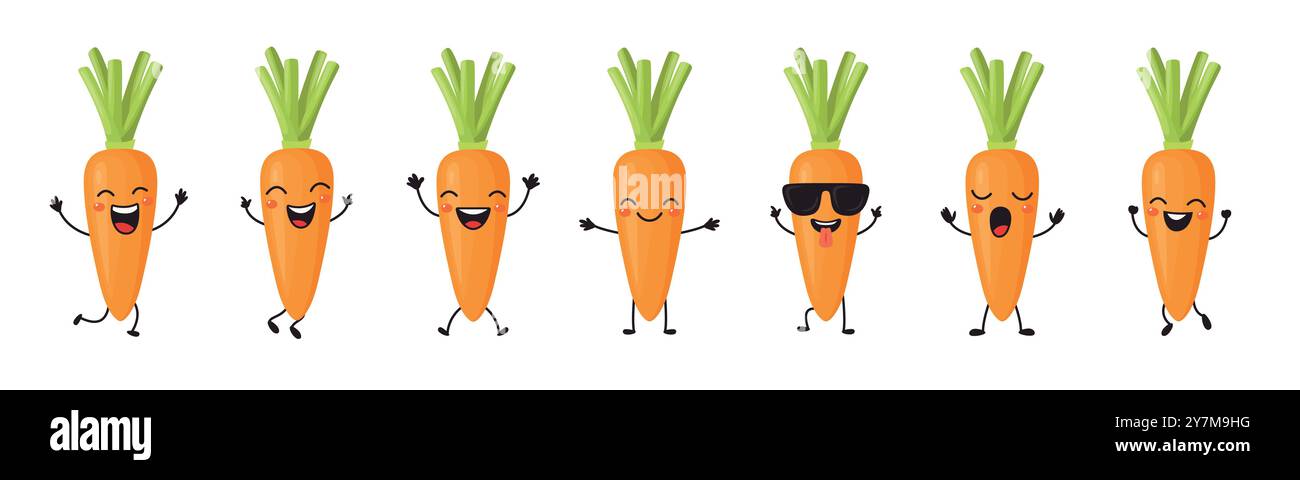 Flat Vector Cartoon Cute and Funny Carrot Character. Dancing, Smiling ...
