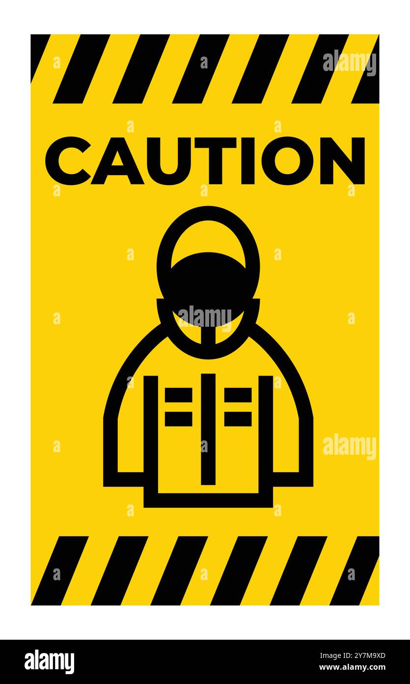 This caution sign features a bold illustration of protective gear ...
