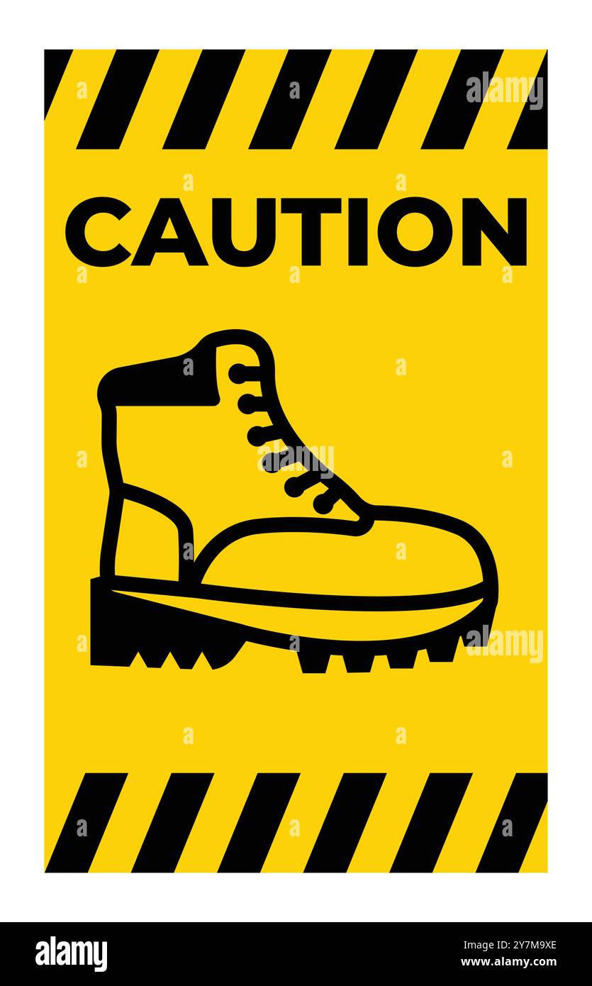 A bright yellow caution sign featuring a safety boot icon, ideal for ...