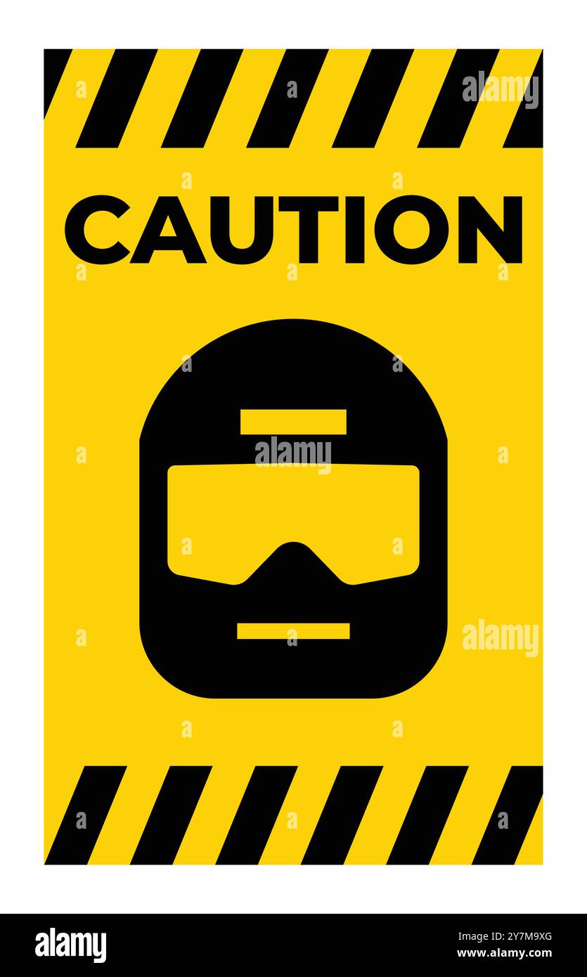 A bold caution sign featuring a safety helmet icon on a bright yellow ...