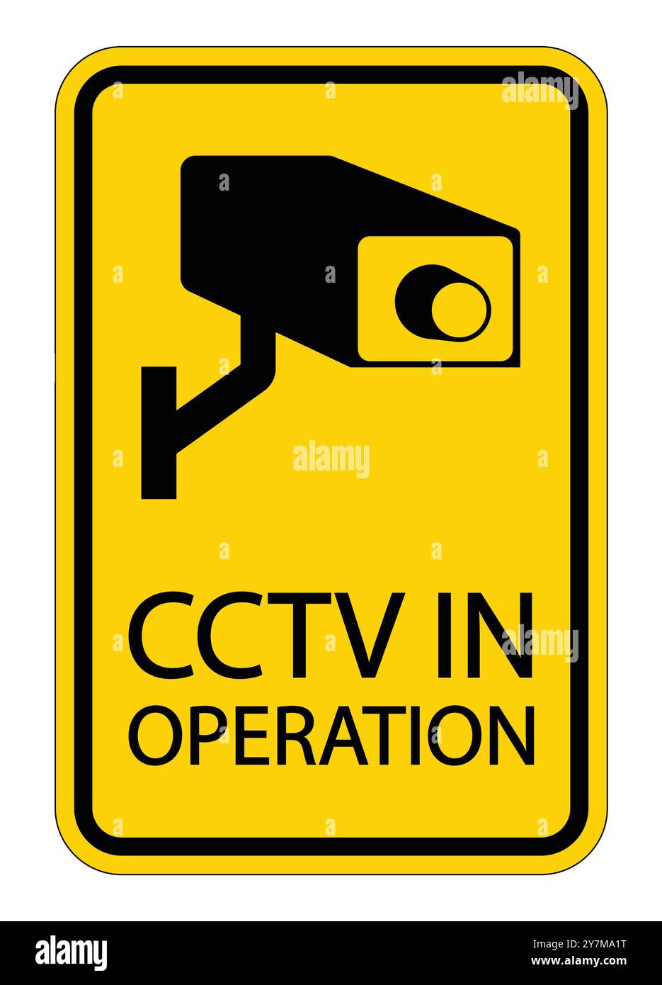 A bright yellow warning sign featuring a CCTV camera icon with the text ...