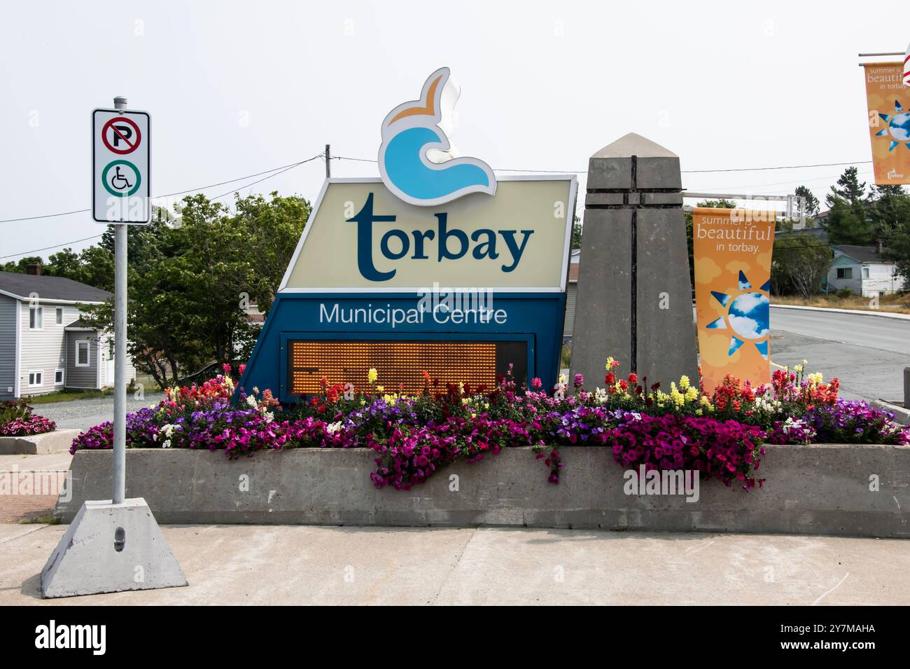 Municipal centre sign with summer flowers on Torbay Road in Torbay ...
