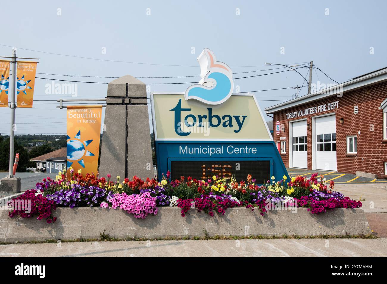 Municipal centre sign with summer flowers on Torbay Road in Torbay ...