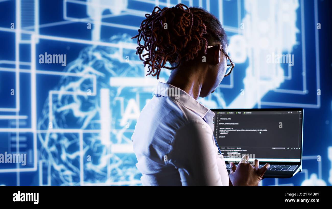 Inspector Overseeing Data Center Updating Ai Systems Writing Intricate Binary Code Scripts On