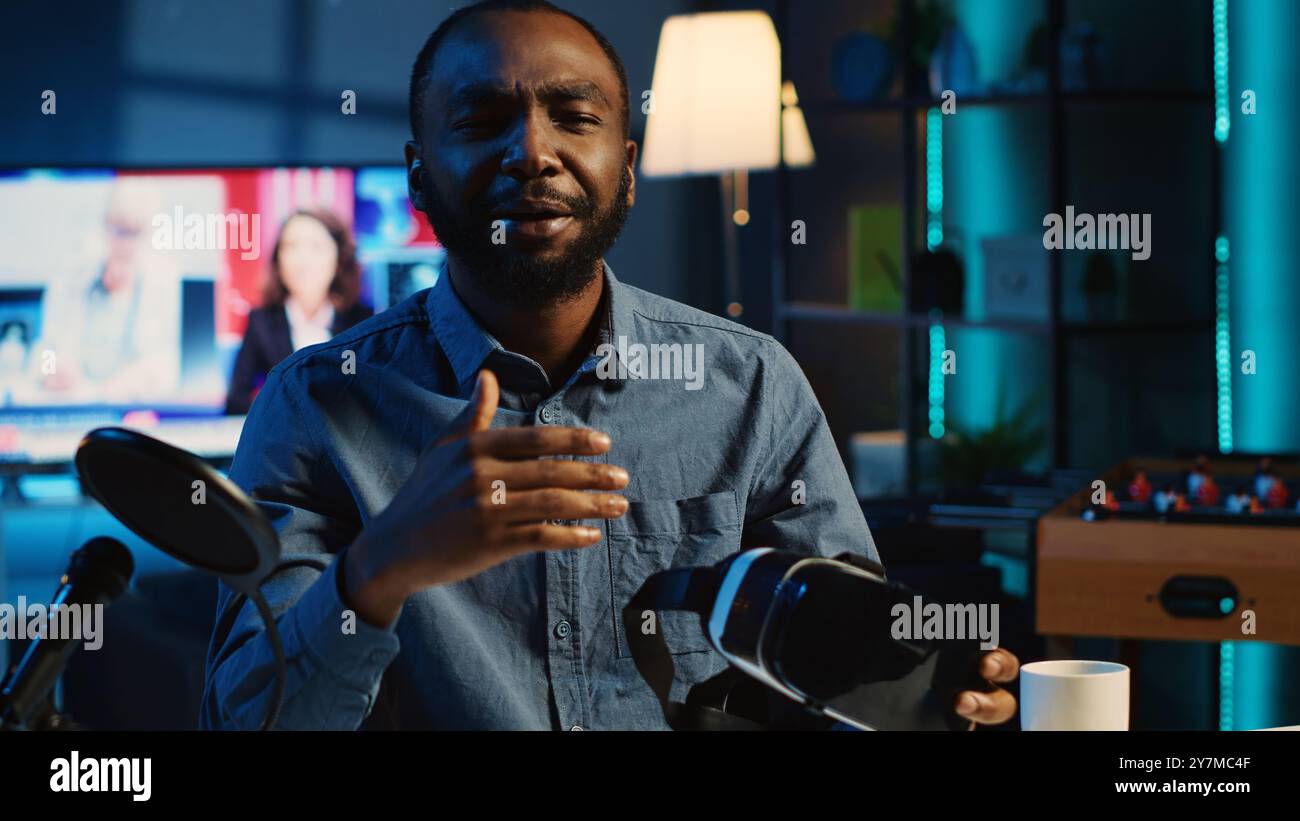 Content creator filming review of VR headset, unpacking it and ...