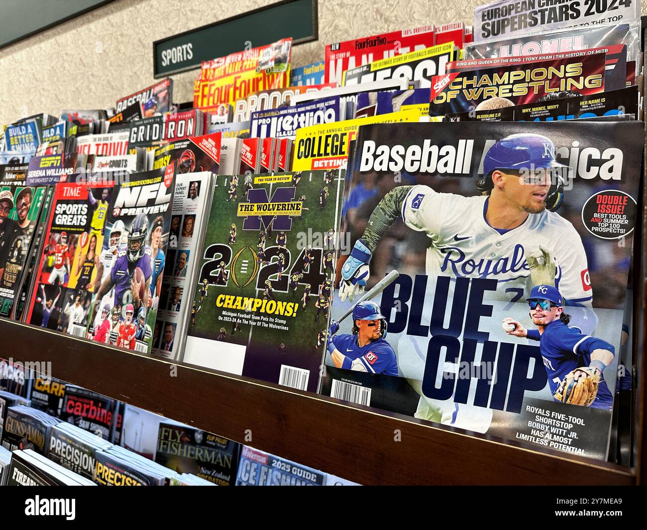 A view of current sport magazines on display shelves at the Barnes and ...