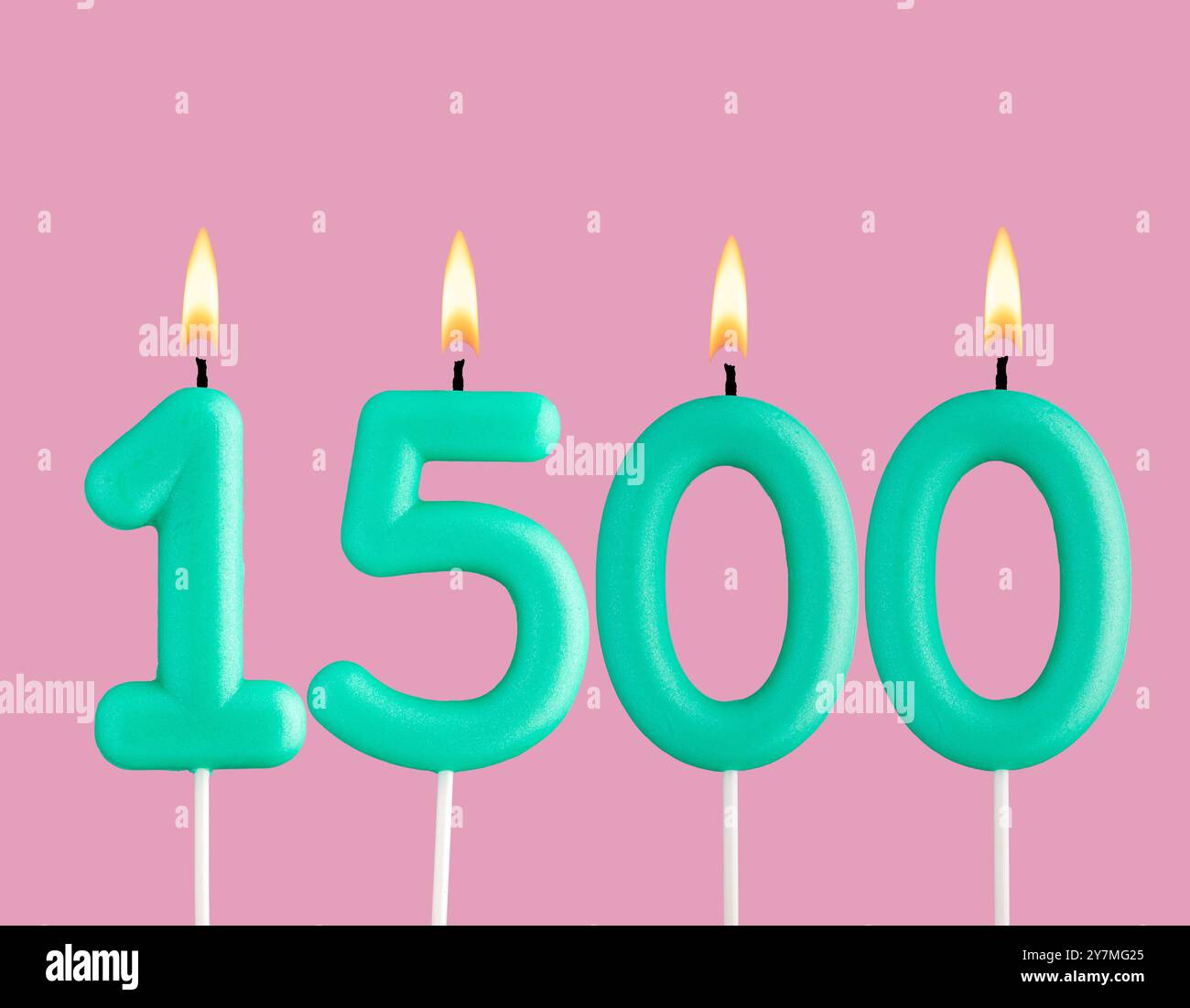 Green candle number 1500 - Birthday card on pastel pink background ...