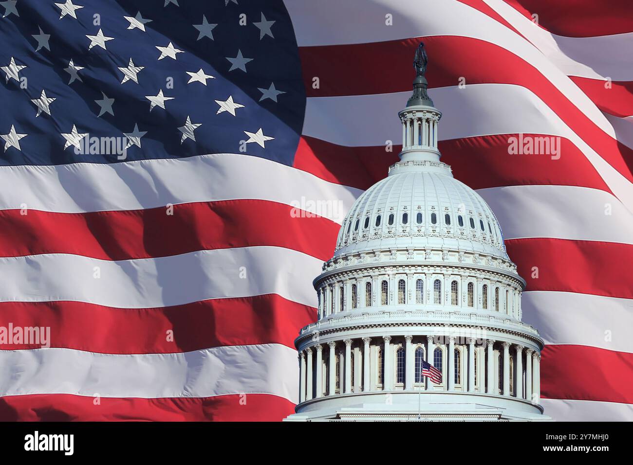 Close up of the US capitol building dome with US flag backdrop Stock ...