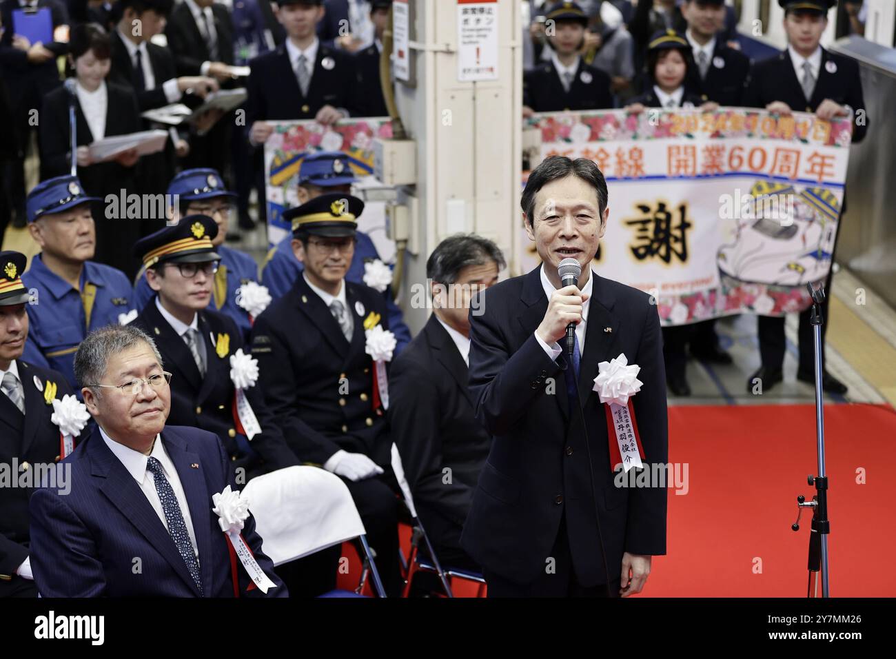 JR Central President Shunsuke Niwa speaks at a ceremony marking the ...