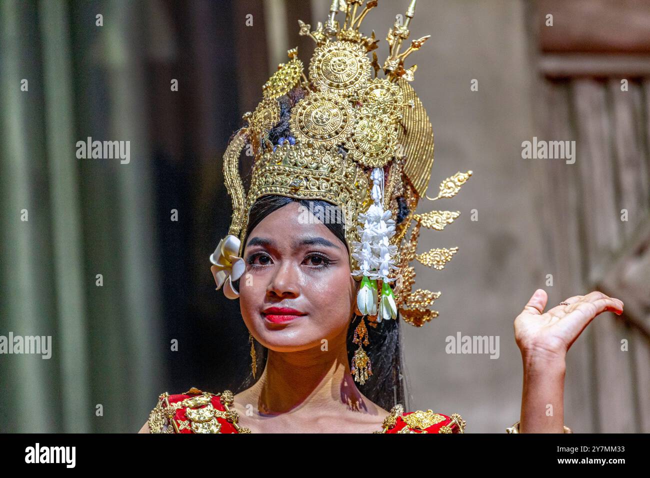 Young female Cambodian dancer performing a Khmer classical dance, the ...