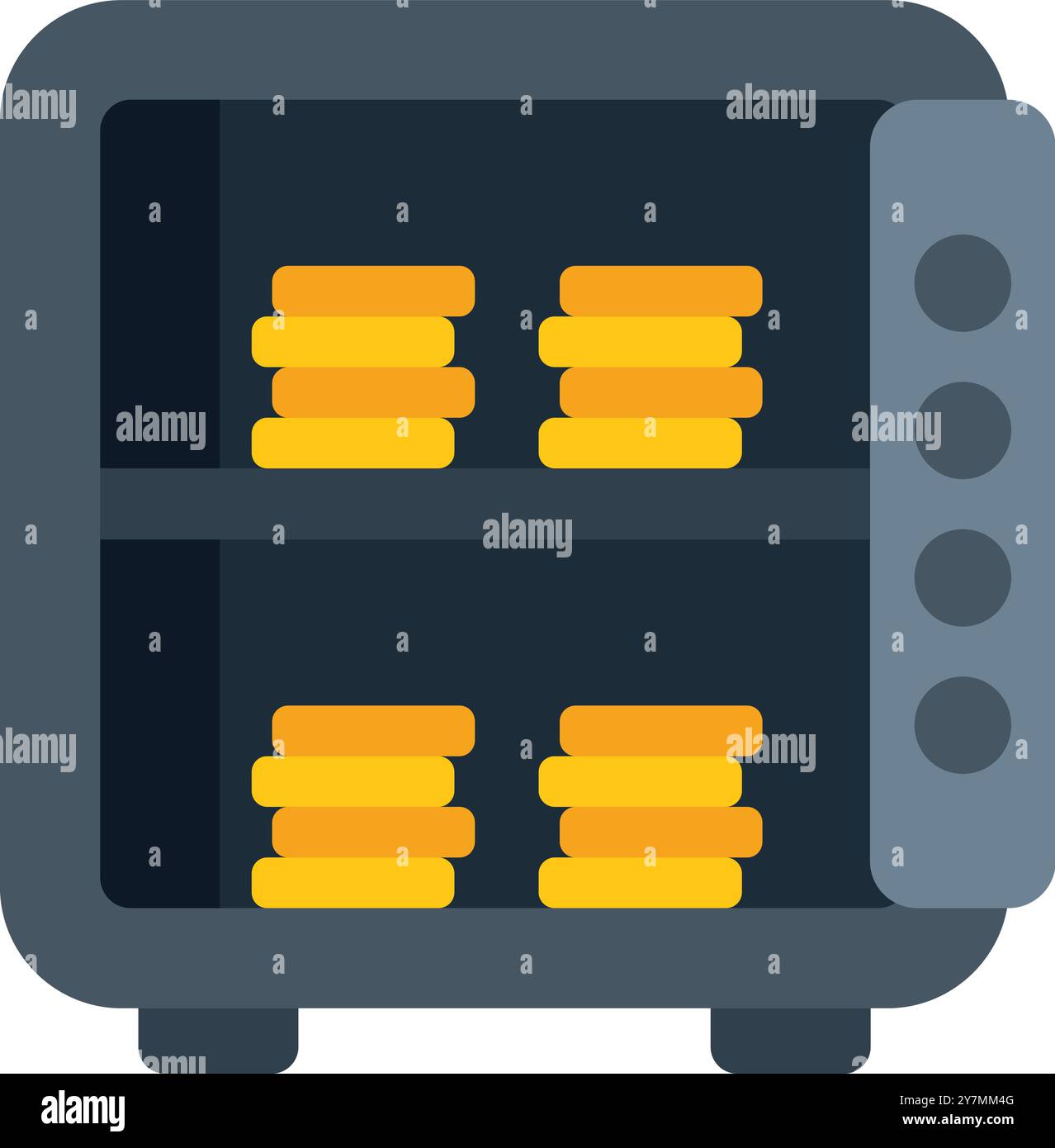 Open empty steel safe box with gold bars on shelves is a concept for ...