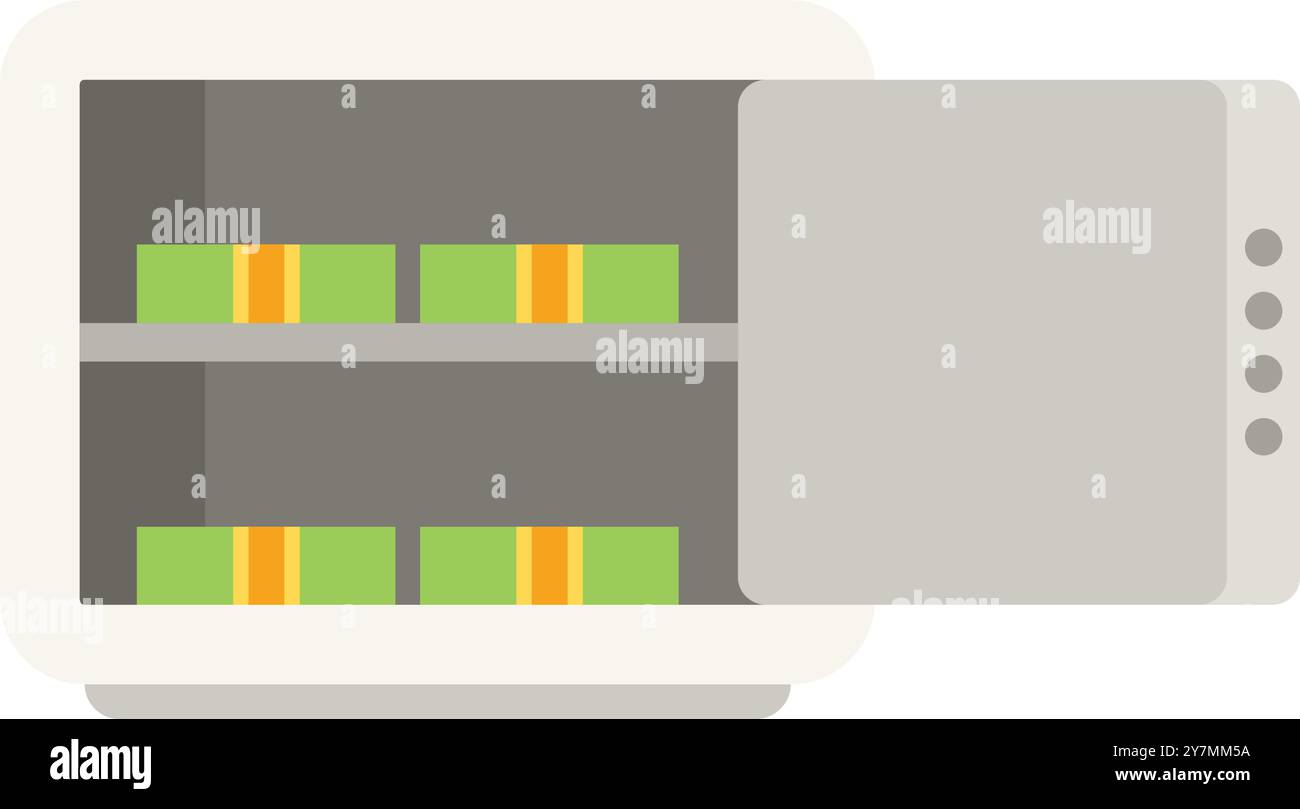 Open empty metal safe deposit box with stacks of money banknotes inside ...