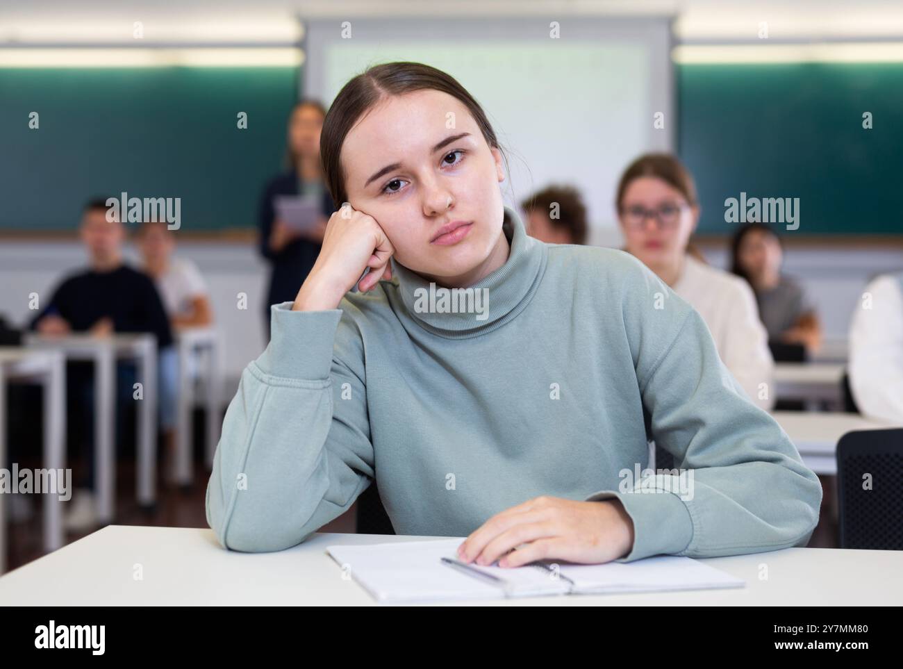 Group of school teenagers with pens and notebooks studying in classroom ...