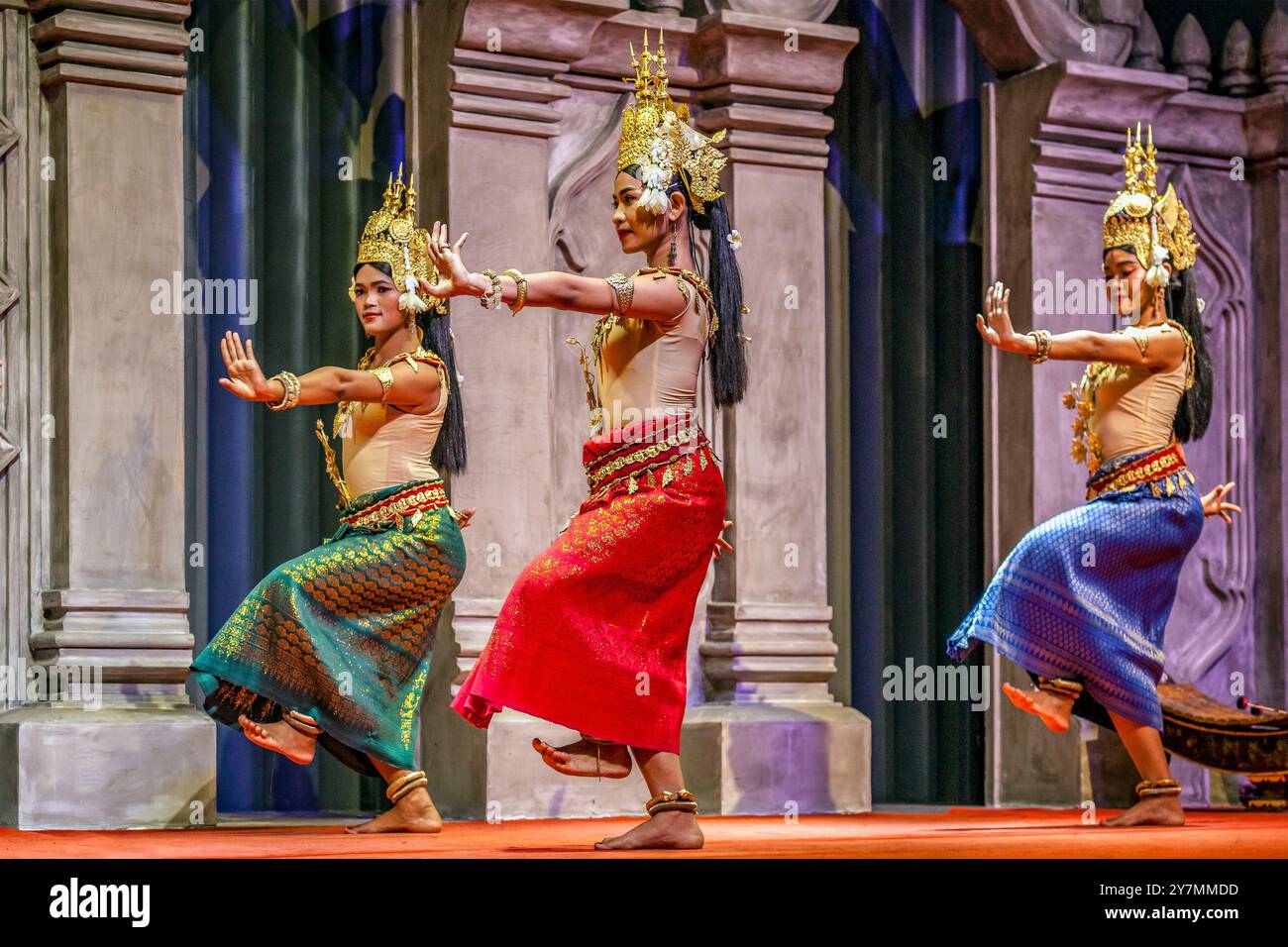 Young female Cambodian dancers performing a Khmer classical dance, the Apsaras ballet, Siem Reap ...