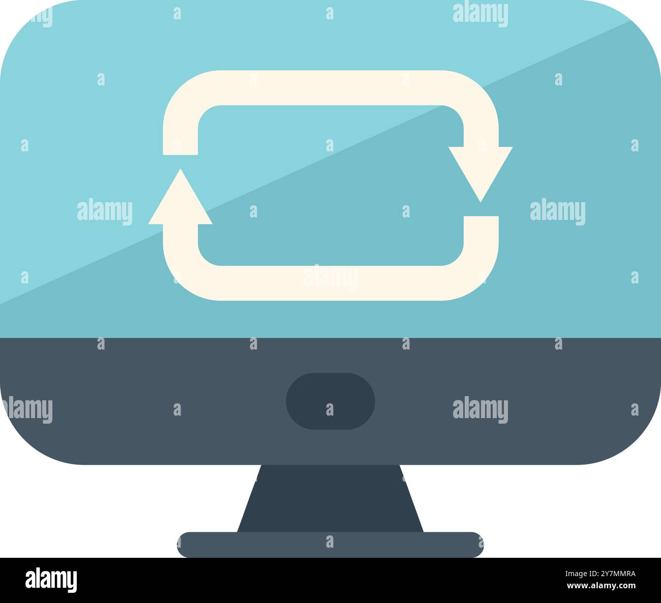 This vector illustration shows a desktop computer displaying a rotating ...