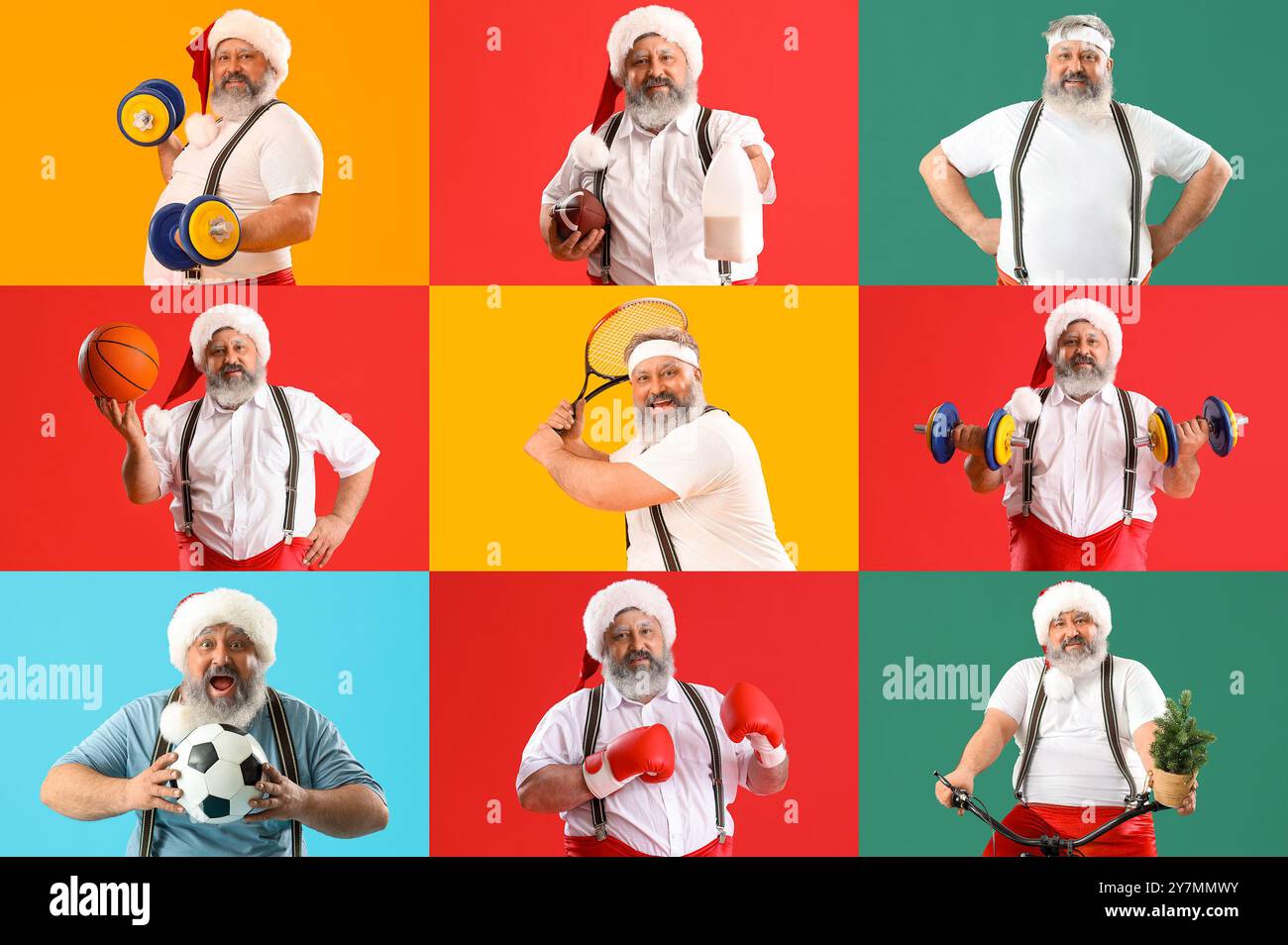 Set of Santa Claus with sports equipment on color background Stock ...