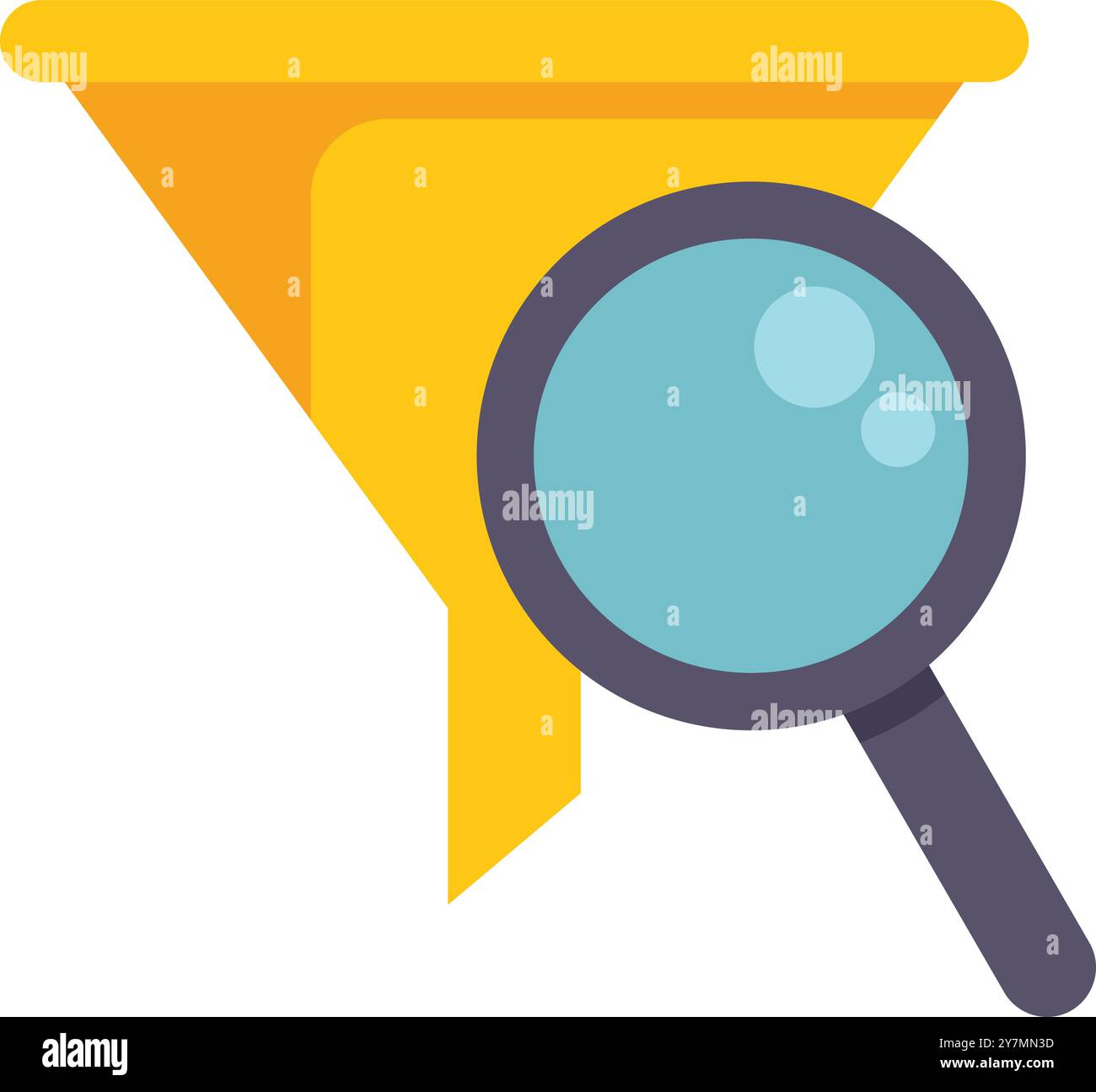 This vector illustration features a magnifying glass analyzing data as it passes through a ...