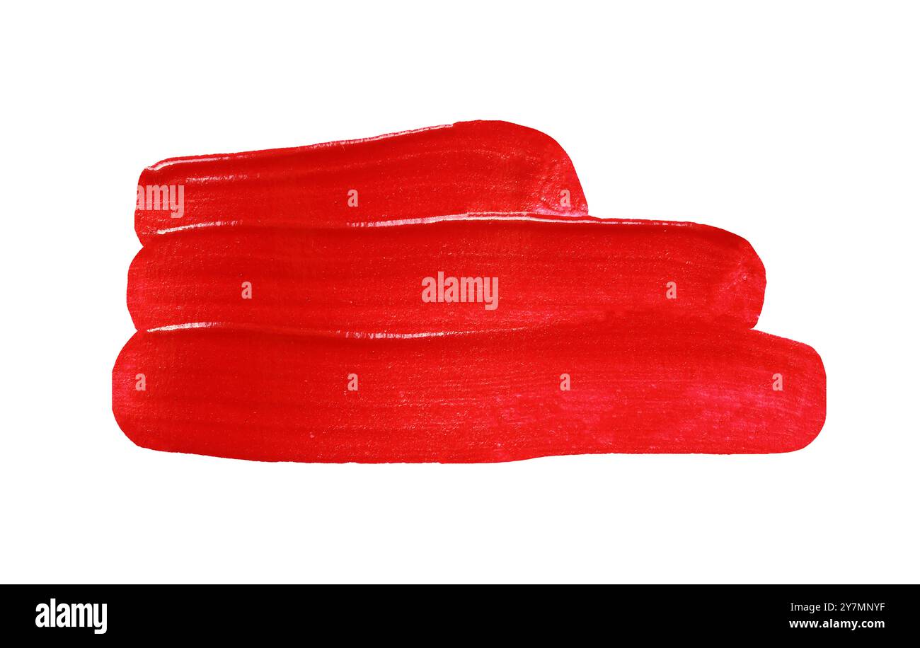 Close up vibrant red paint stroke set against isolated on white ...