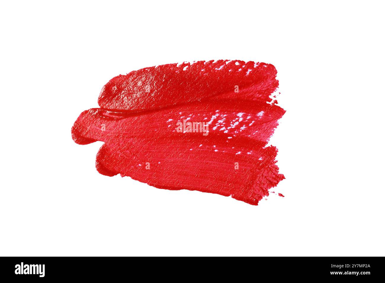 Close up vibrant red paint stroke set against isolated on white ...