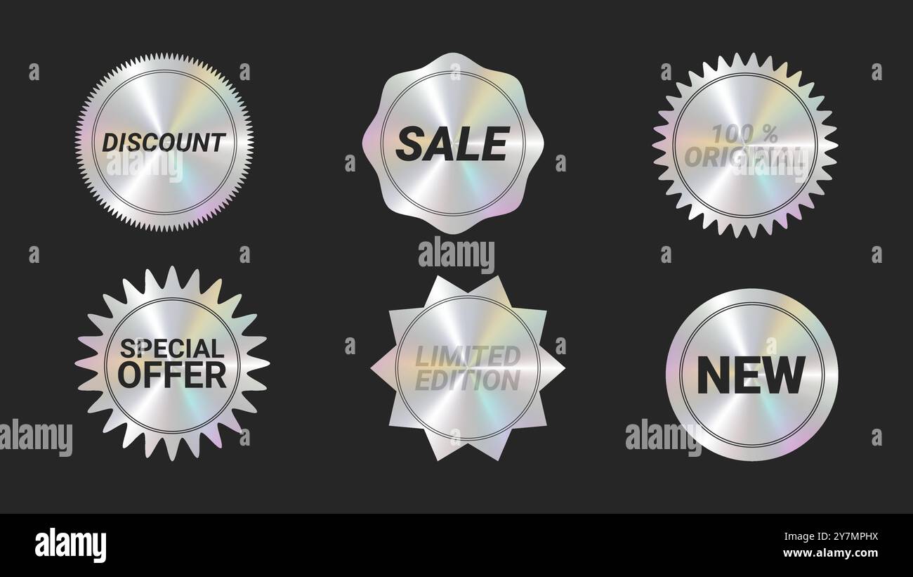 Holographic stickers logos emblem labels color set. For packaging ...