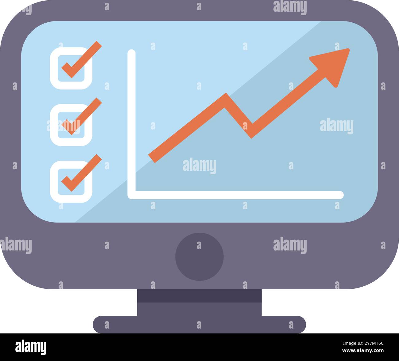 Desktop computer displaying a successful growing chart on screen, with check marks symbolizing ...