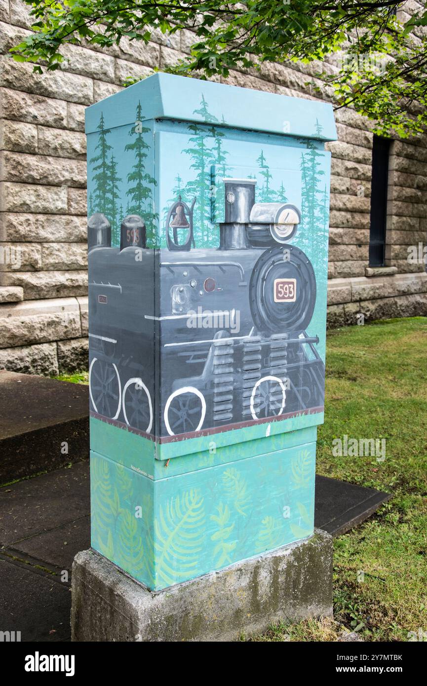 Locomotive mural on electrical traffic control box at the Railway ...