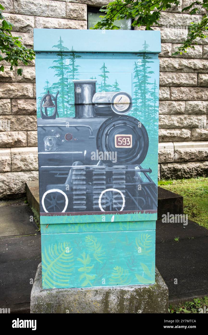 Locomotive mural on electrical traffic control box at the Railway ...