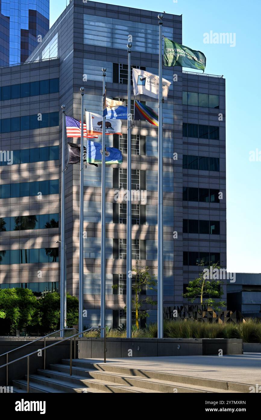 LONG BEACH, CALIFORNIA - 19 SEPT 2024: Civic Center flags with the ...