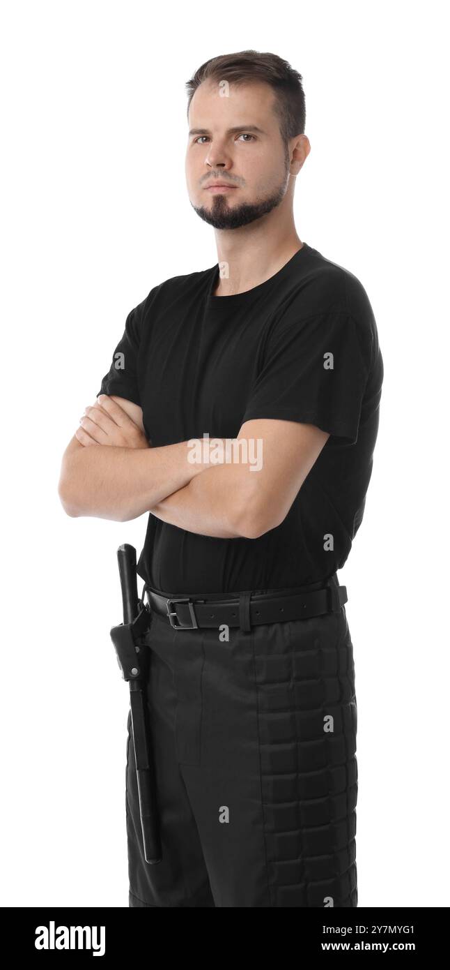 Young bodyguard with baton isolated on white Stock Photo - Alamy