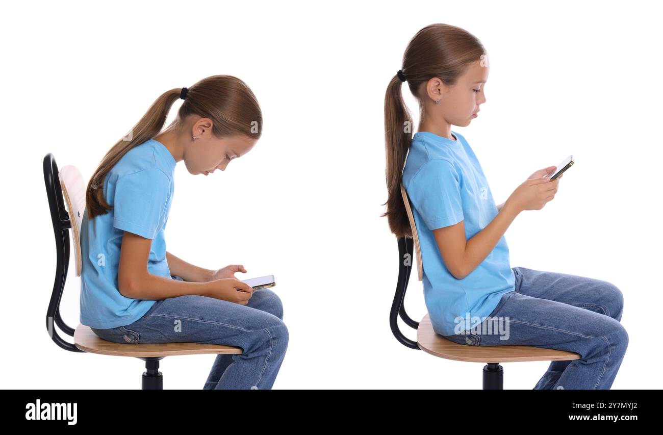 Good and bad posture, collage. Girl sitting on chair and using mobile ...