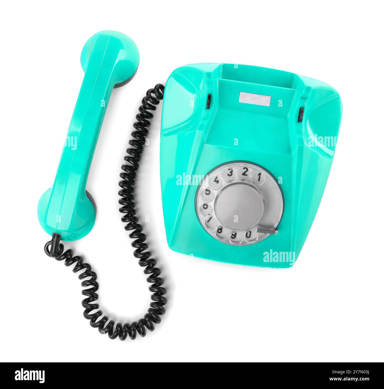 Old turquoise color telephone with rotary dial isolated on white, top ...