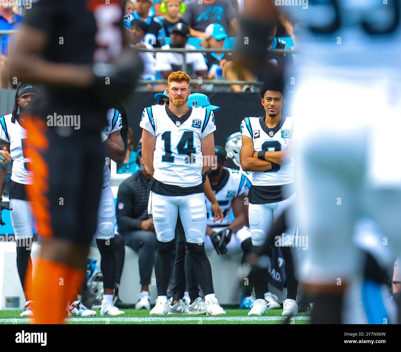 September 29, 2024: Carolina quarterback Andy Dalton (14) looks onto ...
