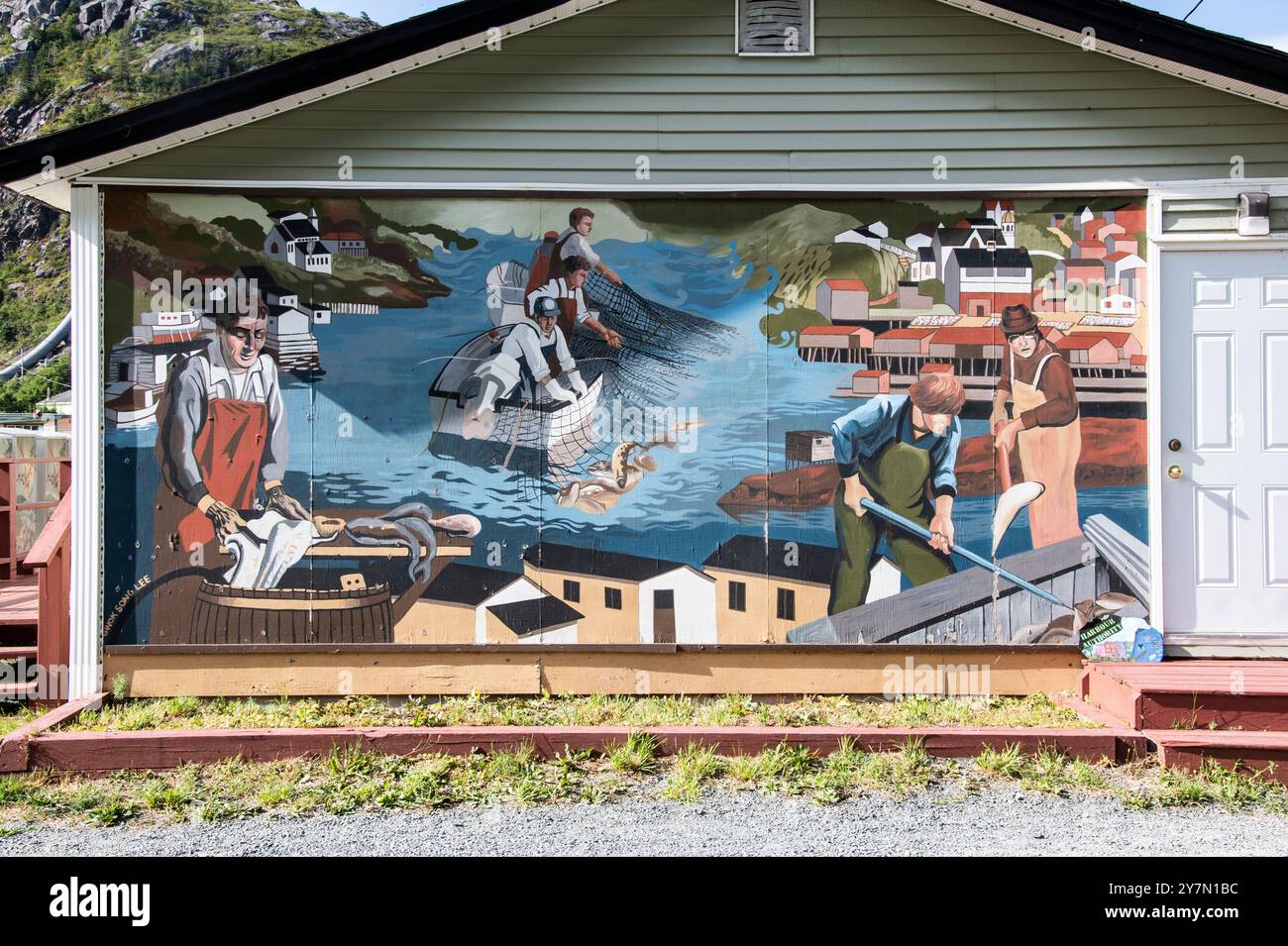 Mural catching and drying cod fish on the habour authority office on ...