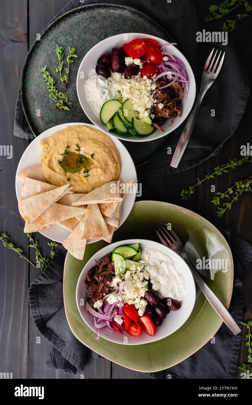 Greek-style Gyro Bowls with Shredded Beef and Oregano: Meal topped with ...