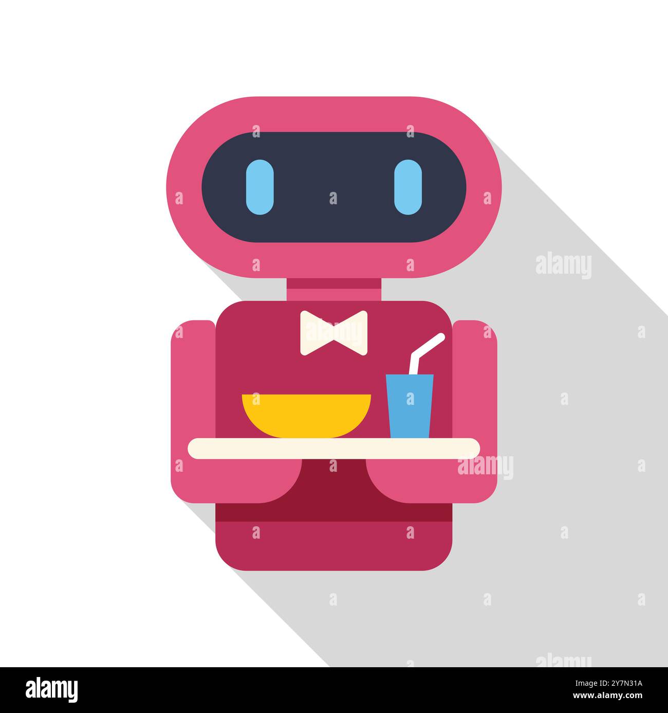 Pink robot waiter holding a tray with food and drink icon in flat style ...