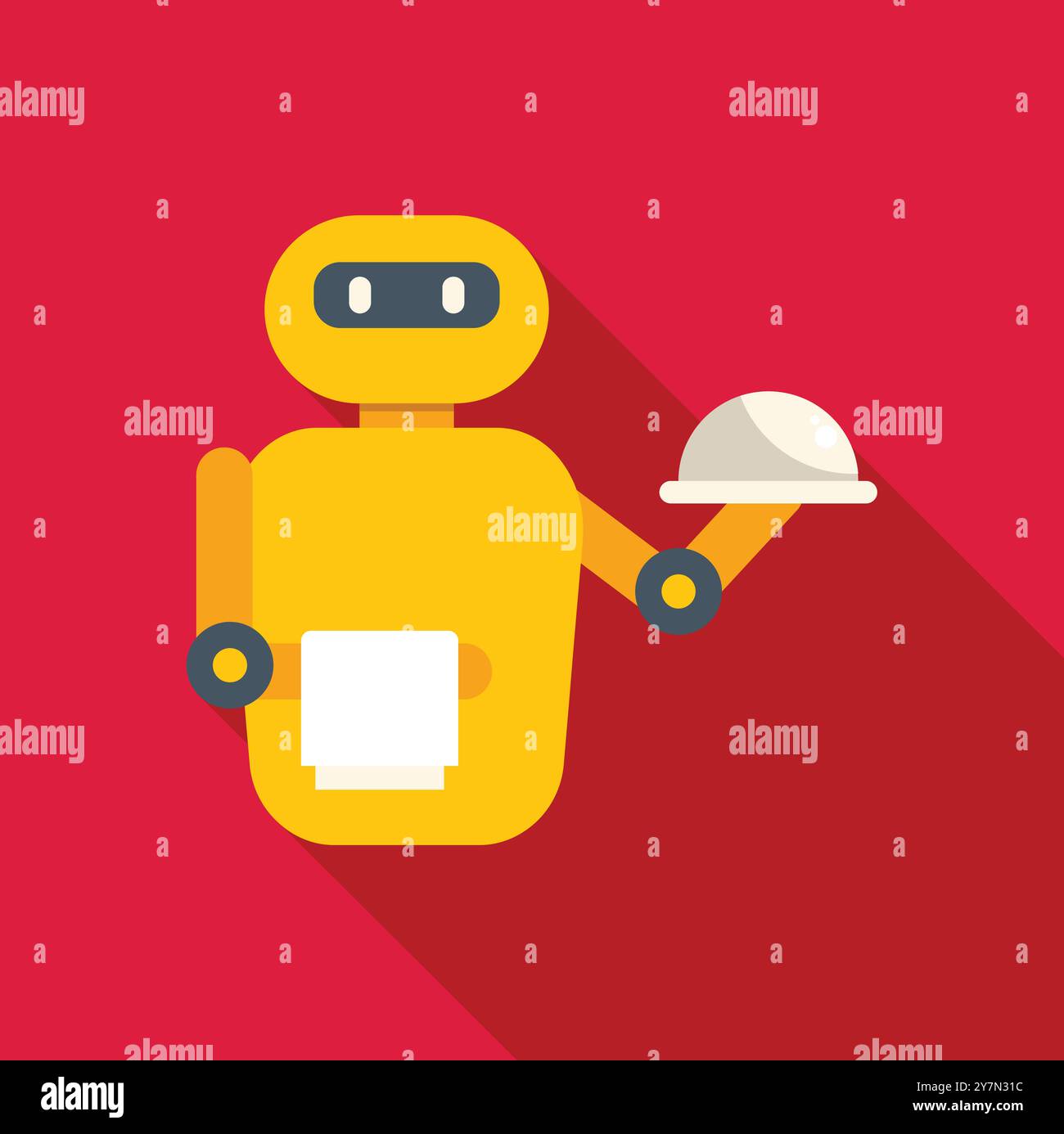 Yellow robot working as a waiter holding a tray with a cloche and a ...