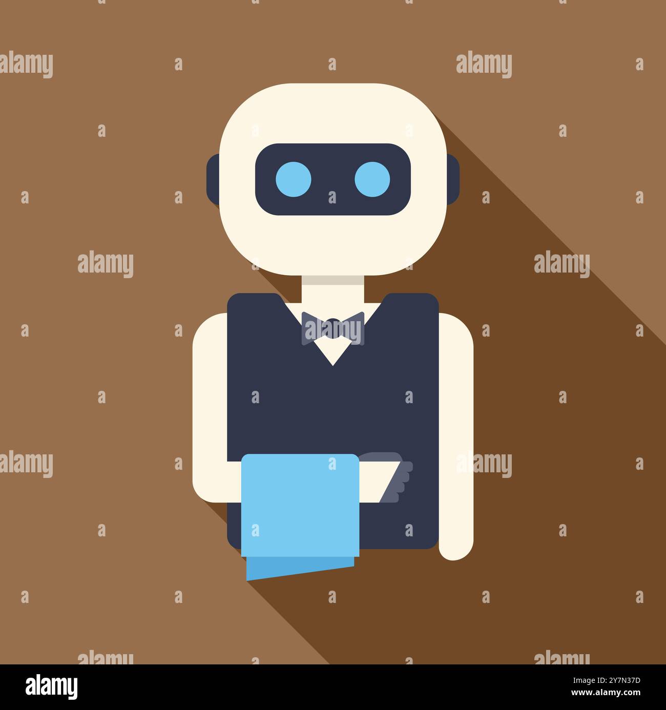 Humanoid robot wearing a uniform and a bow tie, holding a blue cloth ...