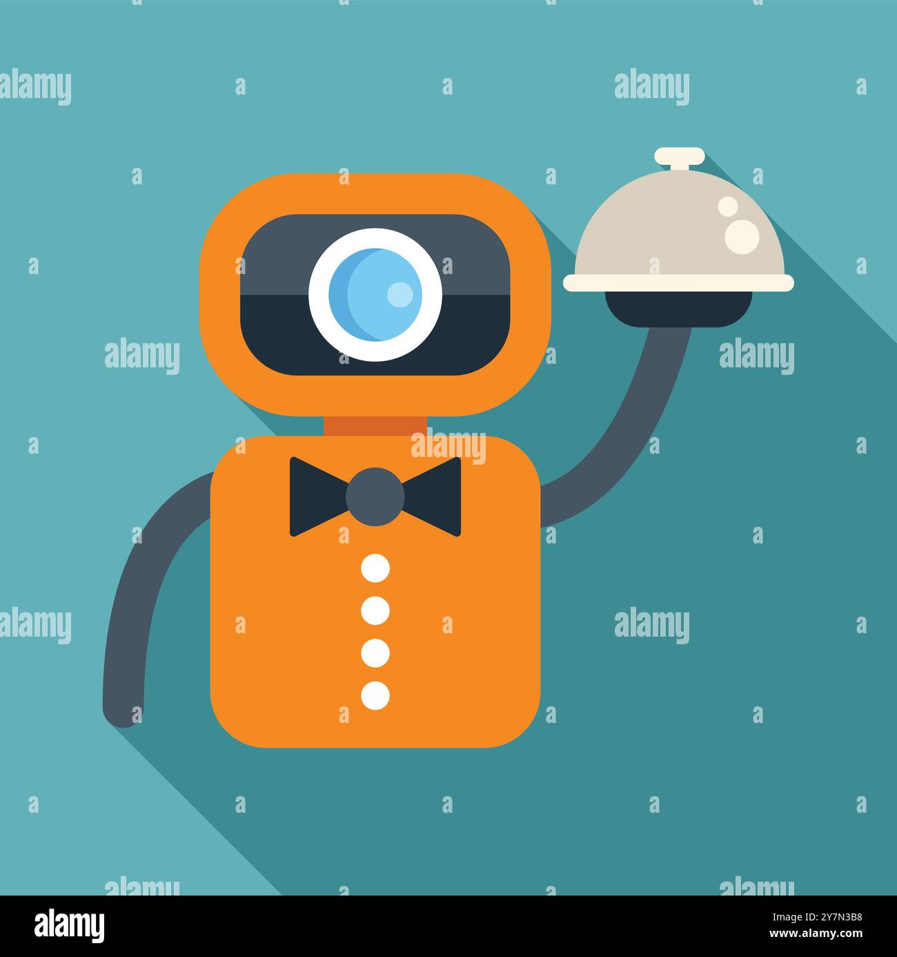 Cartoon robot waiter wearing a bow tie holding a silver platter serving ...