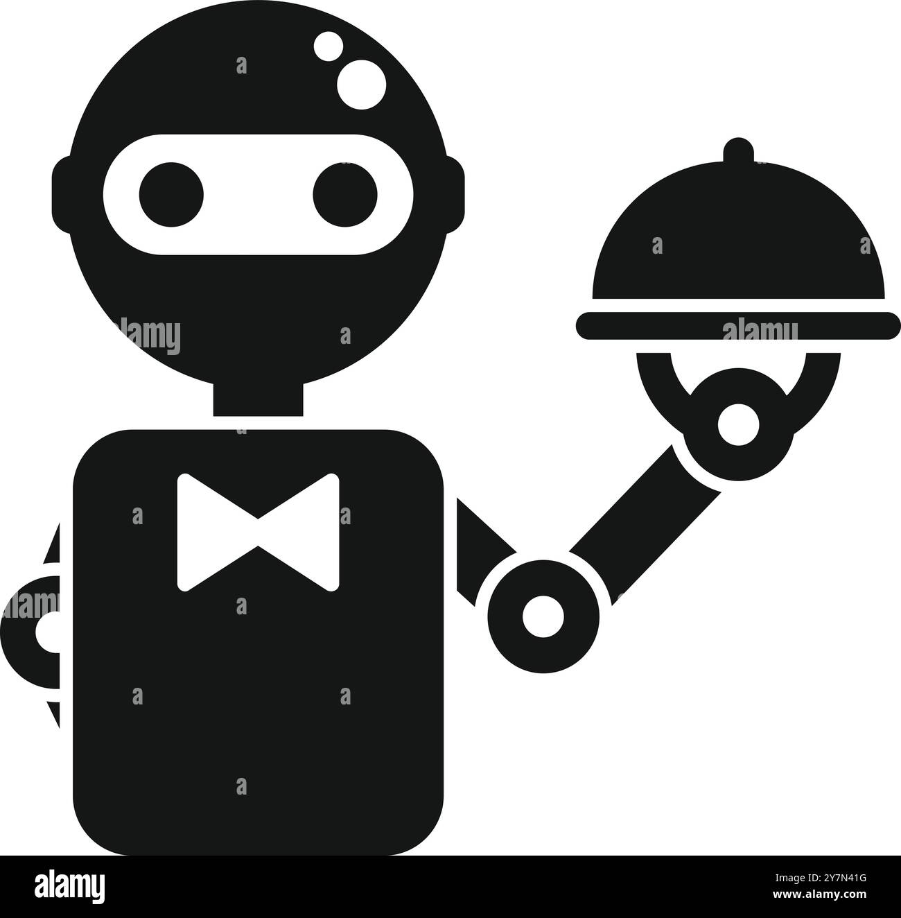 Robot waiter wearing a bow tie holding a cloche platter serving food ...