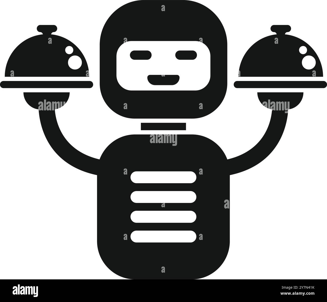 Friendly robot waiter holding two covered restaurant serving dishes ...