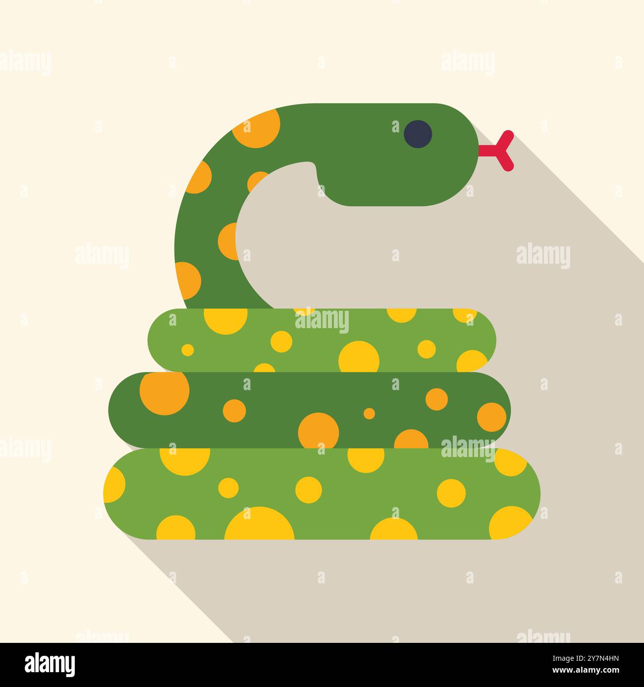 Green snake with yellow spots curled up in a ball with its tongue ...