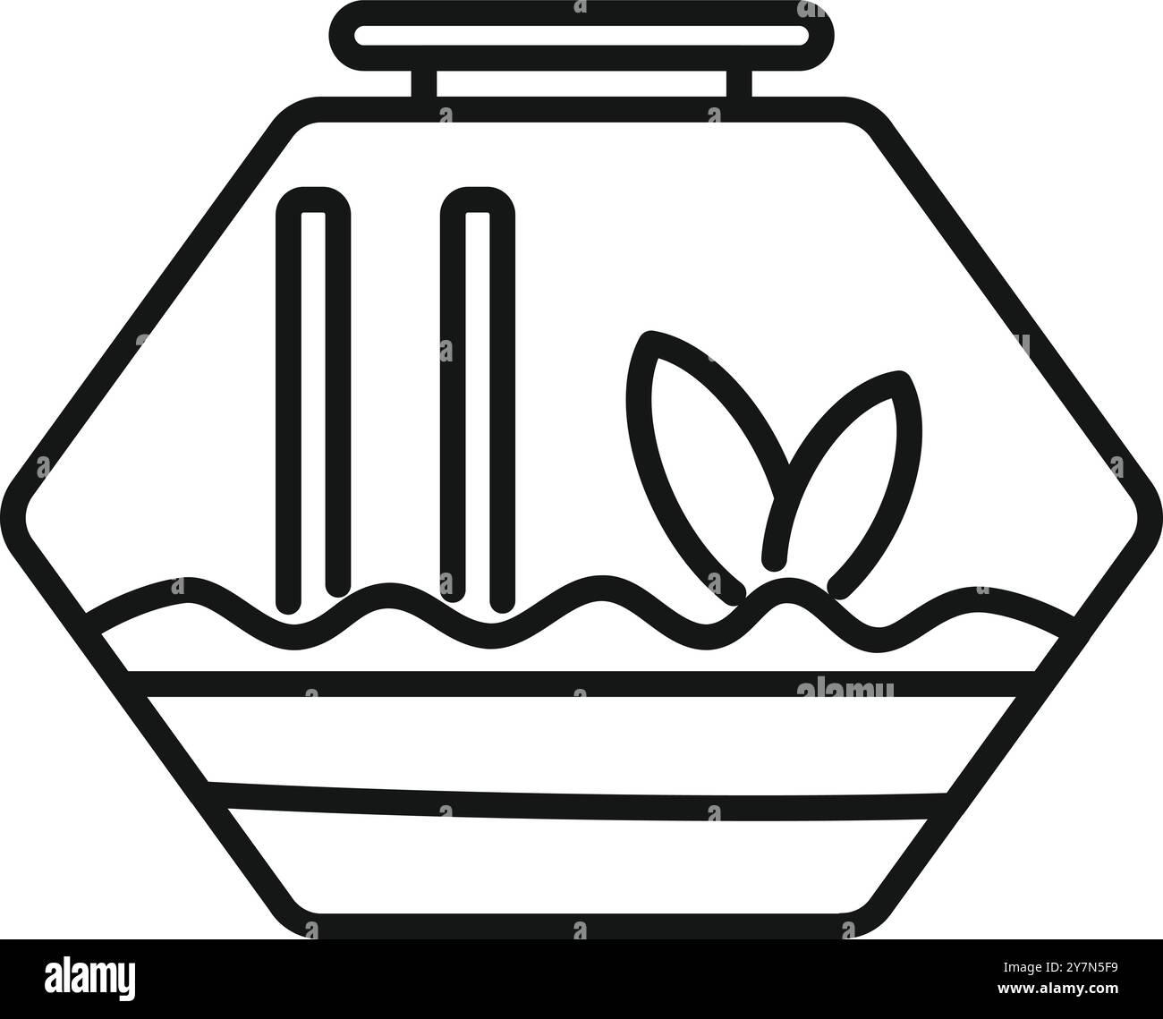 Line drawing of a hexagon aquarium with water, substrate, and a plant ...