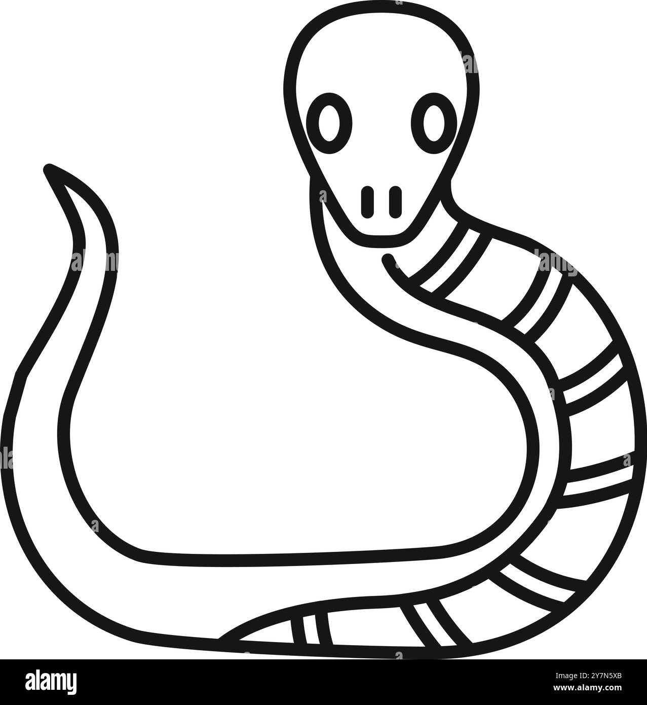 Simple line drawing icon of a striped snake crawling with a skull head ...