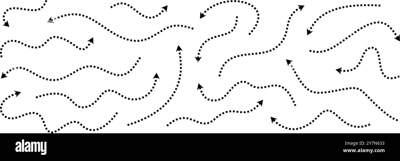 Black dotted thin arrows set. Wavy and curved dashed pointers ...